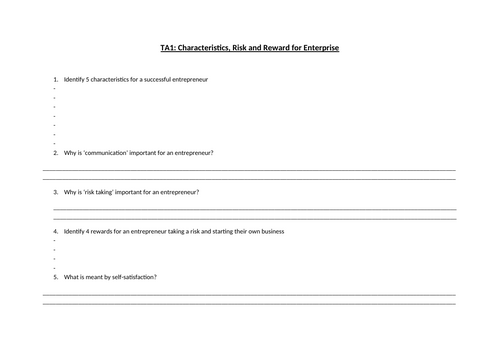 OCR Cambridge Nationals Enterprise and Marketing RO67 TA1-TA5 ...