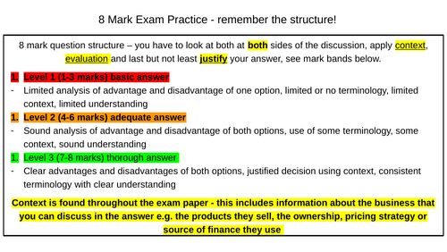 OCR Cambridge Nationals Enterprise and Marketing RO67 8 Mark Structure ...