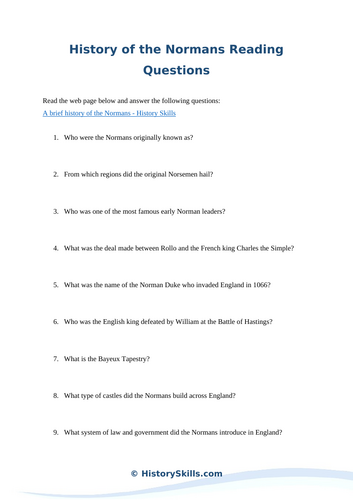 History of the Normans Reading Questions Worksheet | Teaching Resources