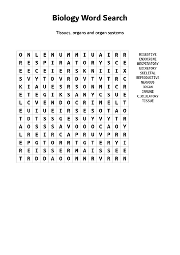 Biology Word Search - tissues, organs and organ systems | Teaching ...