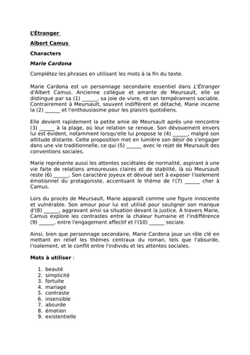 L'Étranger - Albert Camus - Characters - Marie Cardona - A Level French ...