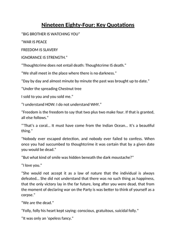 Nineteen Eighty-Four (1984): Key Quotations | Teaching Resources