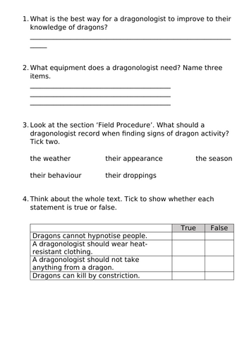 Year 5 Complete Comprehension Dragonology Reading Unit Focus on ...