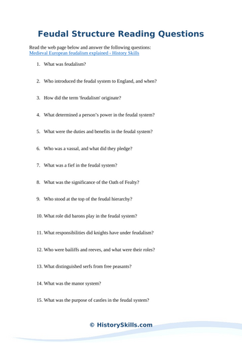 Medieval Feudal Society Reading Questions Worksheet | Teaching Resources