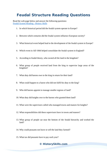 Medieval Feudal Society Reading Questions Worksheet | Teaching Resources