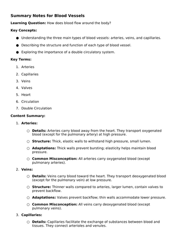 **iGCSE Biology Edexcel - BLOOD VESSELS** | Teaching Resources