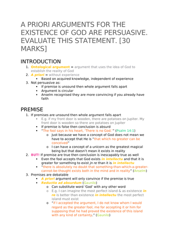 A-Level RS: Ontological Argument 30 Mark Essay - Eduqas Philosophy ...