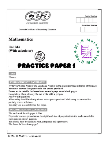 Ccea M3 Practice Paper 1 Maths Teaching Resources