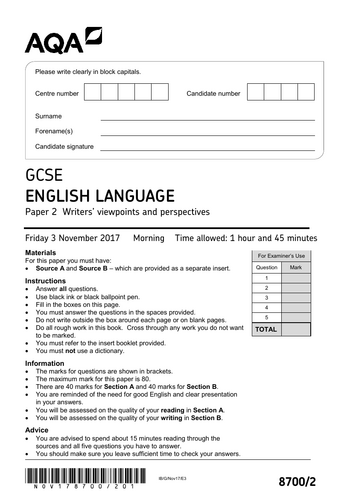 AQA GCSE English Language - paper 2: reading section (Questions 1-4 ...