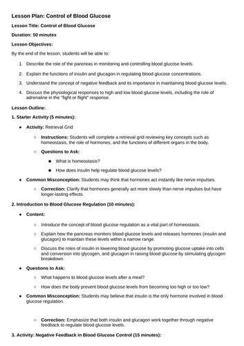 **iGCSE Biology Edexcel - CONTROL OF BLOOD GLUCOSE** | Teaching Resources