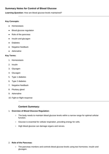 **iGCSE Biology Edexcel - CONTROL OF BLOOD GLUCOSE** | Teaching Resources