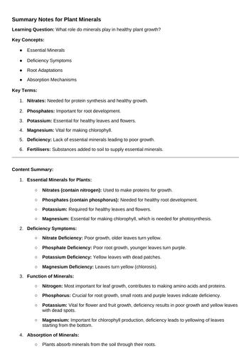 **iGCSE Biology Edexcel - PLANT MINERALS** | Teaching Resources