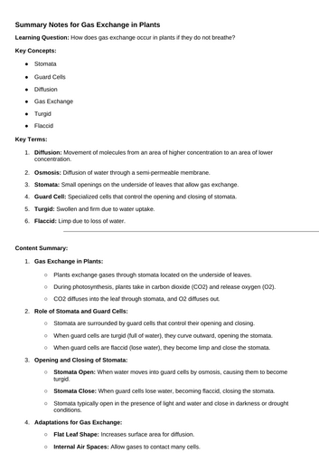 **iGCSE Biology Edexcel - GAS EXCHANGE IN PLANTS** | Teaching Resources