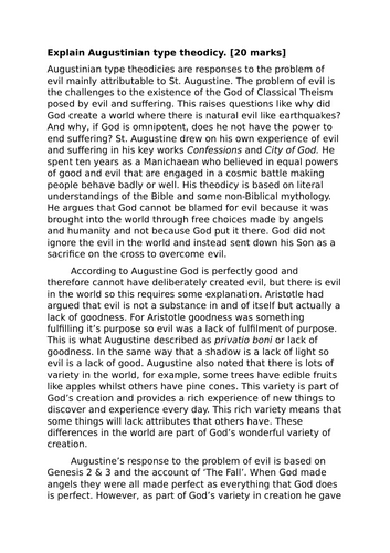 A-Level RS: Augustinian Type Theodicy 20 Mark Question + Model + Plan ...
