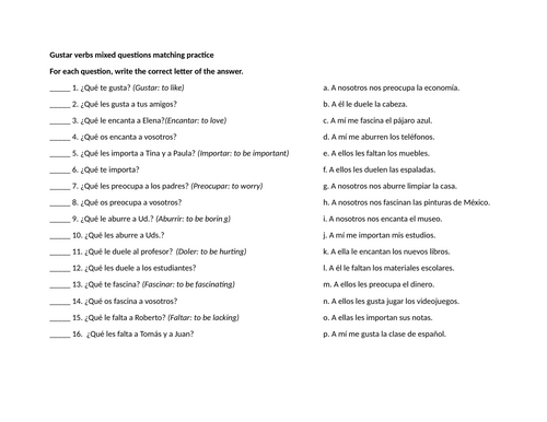 Gustar verbs mixed questions matching practice | Teaching Resources