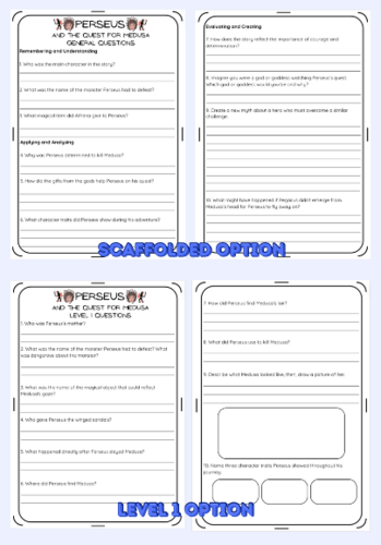 Perseus and Medusa Greek Mythology Differentiated Reading Comprehension ...
