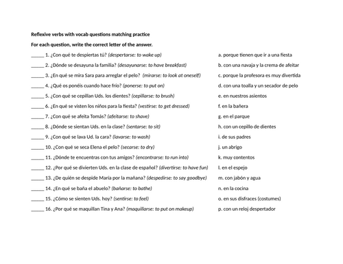Reflexive verbs with vocab questions matching practice | Teaching Resources