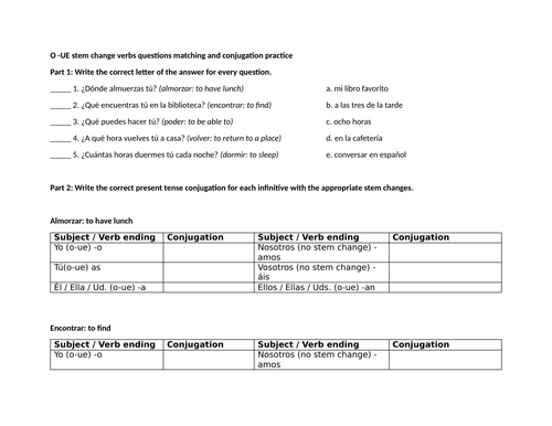 O -UE stem change verbs questions matching and conjugation practice ...
