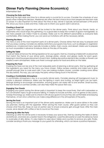 Dinner Party Planning (Home Economics) | Teaching Resources
