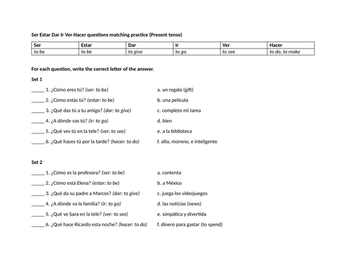 Ser Estar Dar Ir Ver Hacer questions matching practice (Present tense ...