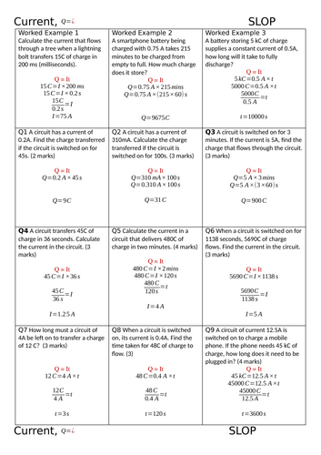 Current and Charge Flow, Q=It - SLOP Calculations Worksheet with ...