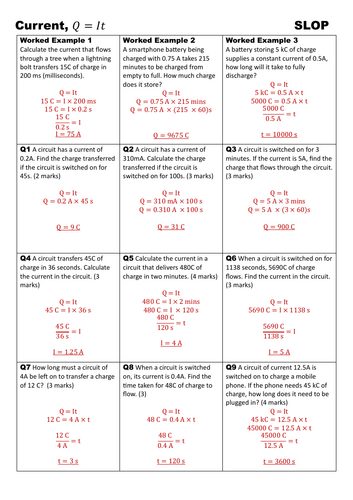 Current and Charge Flow, Q=It - SLOP Calculations Worksheet with Answers | Teaching Resources