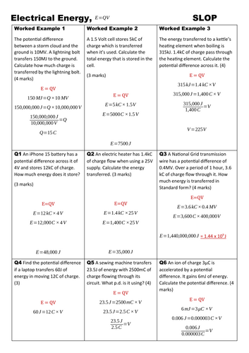 Electrical Energy Transfers, E=QV - SLOP Calculations Worksheet with Answers | Teaching Resources