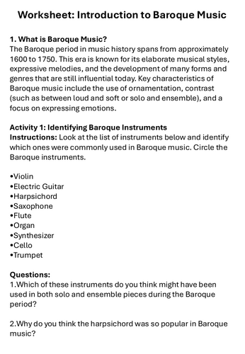 Intro to Baroque music worksheet | Teaching Resources