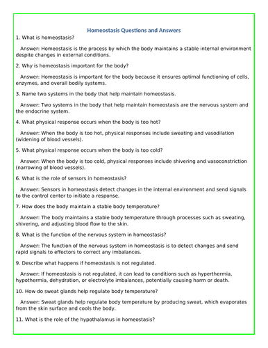 Homeostasis worksheet KS4 questions and answers | Teaching Resources