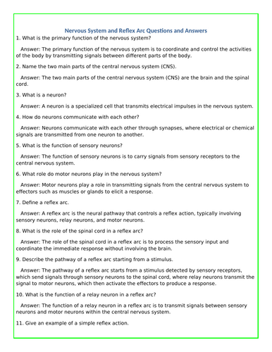 Nervous system and reflex arc KS4 worksheet questions and answers ...