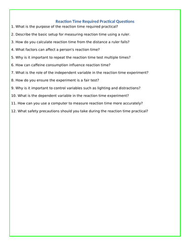 Reaction time RP KS4 worksheet questions only | Teaching Resources
