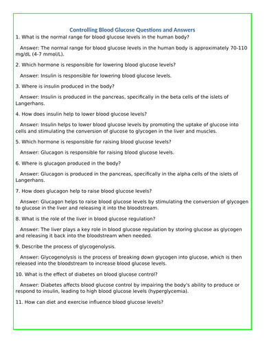 Controlling blood glucose KS4 worksheet questions and answers ...