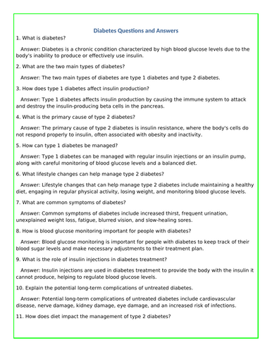 Diabetes worksheet KS4 questions and answers | Teaching Resources