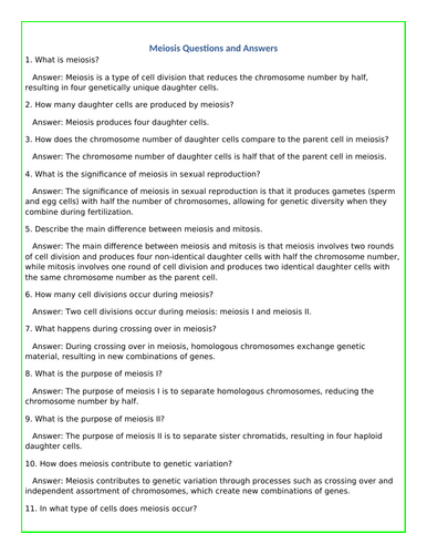 Meiosis KS4 worksheet questions and answers | Teaching Resources