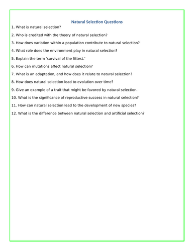 Natural selection KS4 worksheet questions only | Teaching Resources
