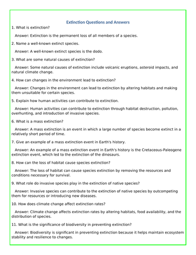 Extinction KS4 worksheet questions and answers | Teaching Resources