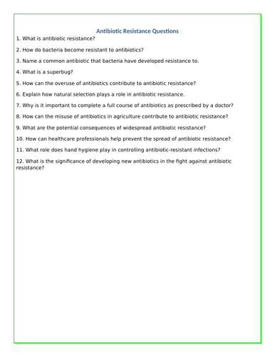 Antibiotic resistance KS4 worksheet questions only | Teaching Resources
