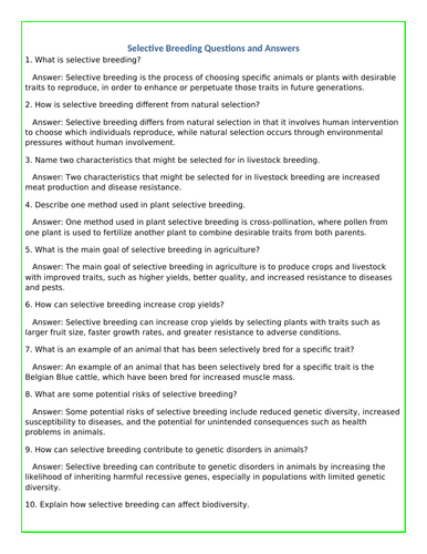 Selective breeding KS4 worksheet questions and answers | Teaching Resources