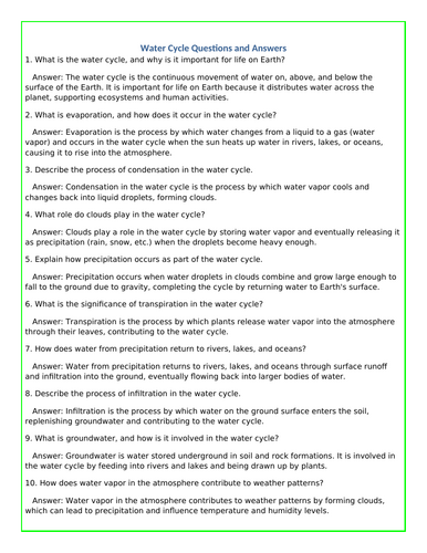Water cycle worksheet questions and answers | Teaching Resources