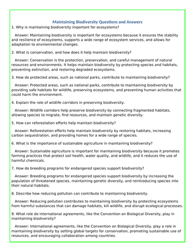 Maintaining biodiversity KS4 worksheet questions and answers | Teaching ...