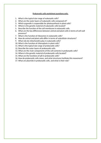 Prokaryotic cells KS4 worksheet questions only | Teaching Resources