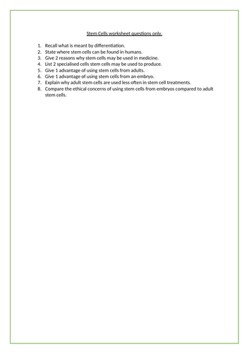 Stem cells KS4 worksheet questions only | Teaching Resources