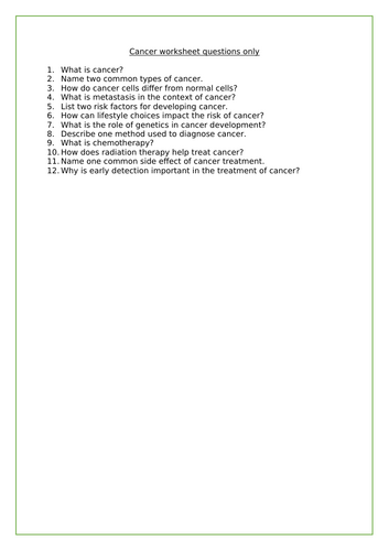 Cancer KS4 worksheet questions only | Teaching Resources