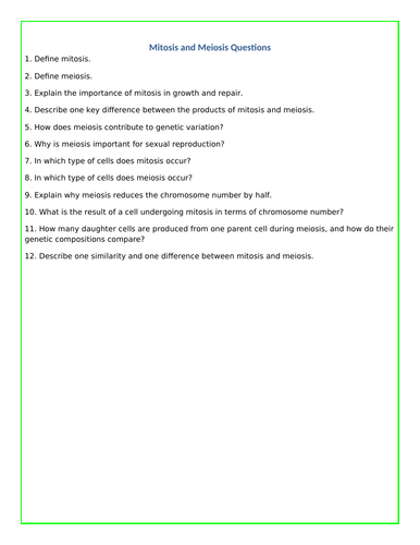 Mitosis and Meiosis KS4 worksheet questions only | Teaching Resources