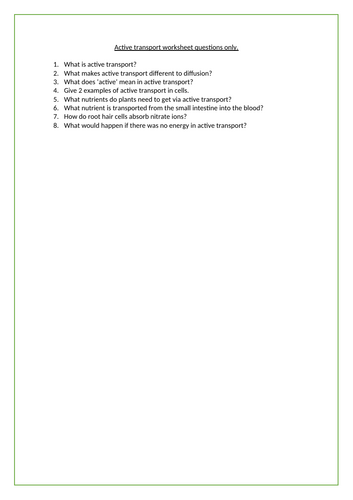 Active transport KS4 worksheet questions only | Teaching Resources