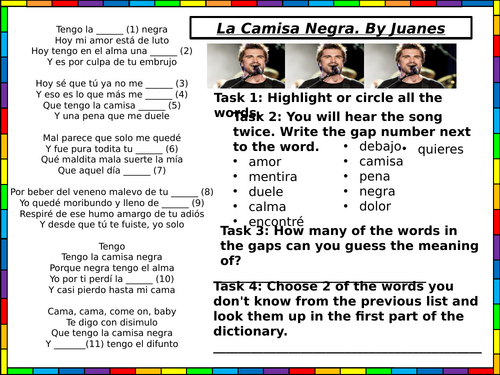 Spanish popular songs. Gap fill task and others. Camisa Negra, Limon y ...