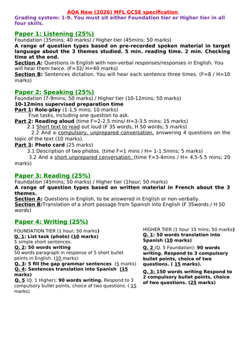 New MFL GCSE Specifications (exam 2026) handout for Students | Teaching ...
