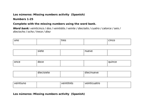 Los números: Missing numbers activity (Spanish) | Teaching Resources