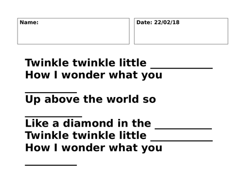 Twinkle Twinkle Little Star Rhyming words | Teaching Resources