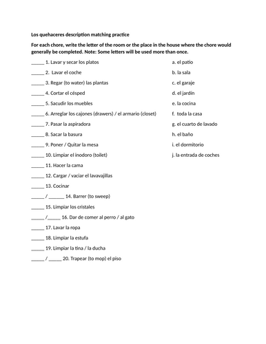 Los quehaceres description matching practice | Teaching Resources